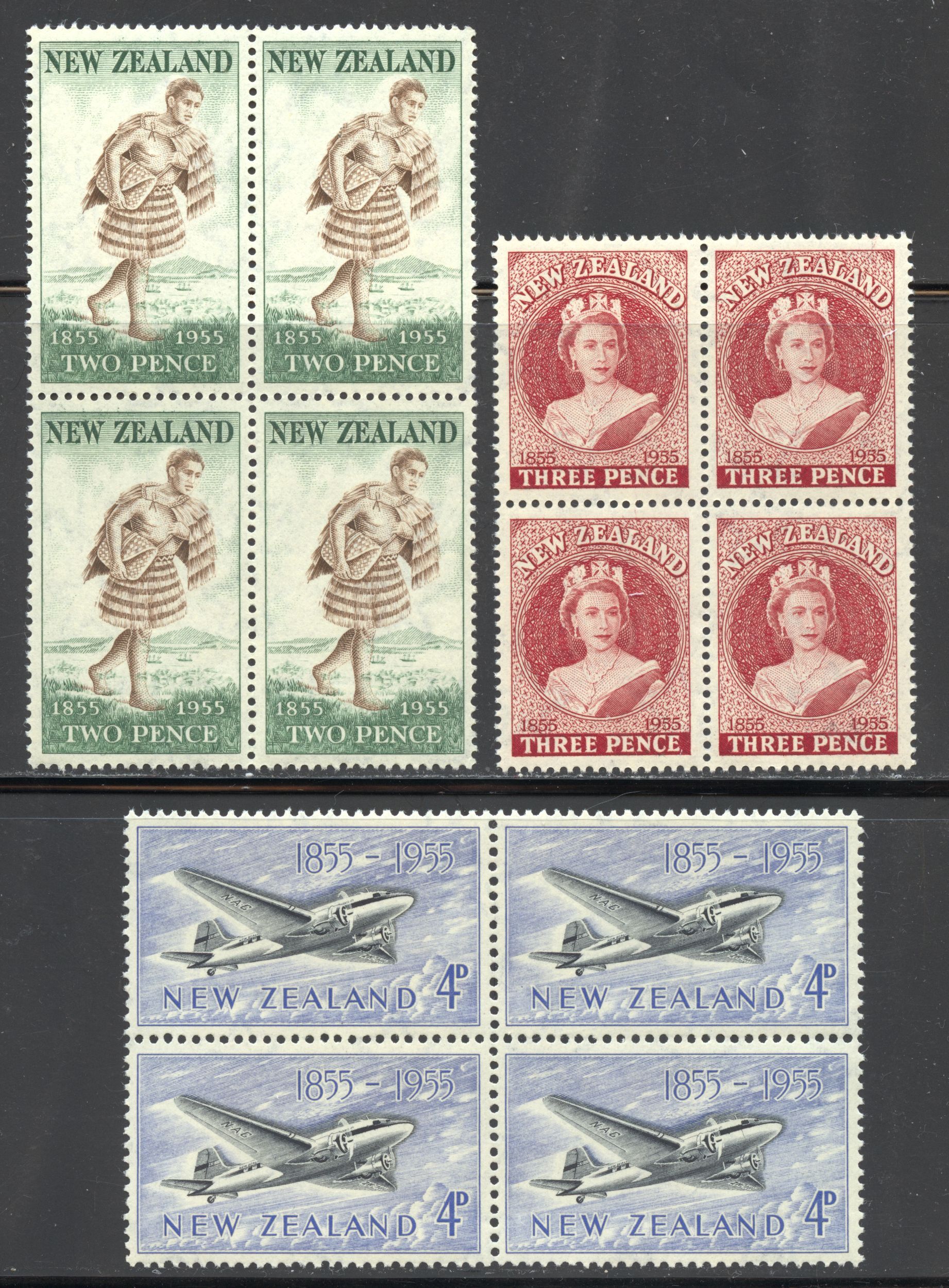 New Zealand Scott 302-04 MNHOG Blocks of 4 - 1955 Cent of 1st Postage ...