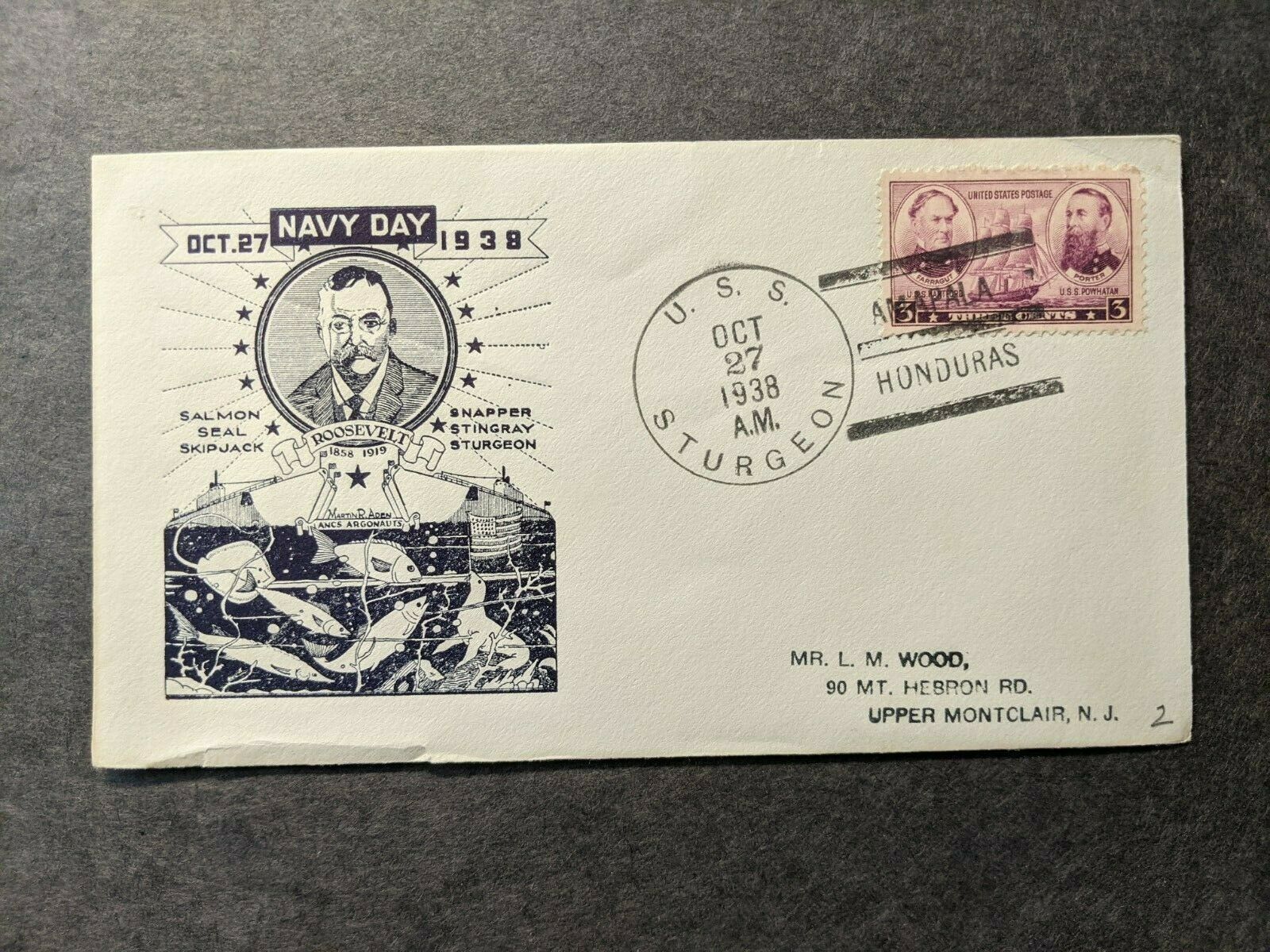 Submarine USS STURGEON SS-187 Naval Cover 1938 NAVY DAY Cachet AMAPALA ...