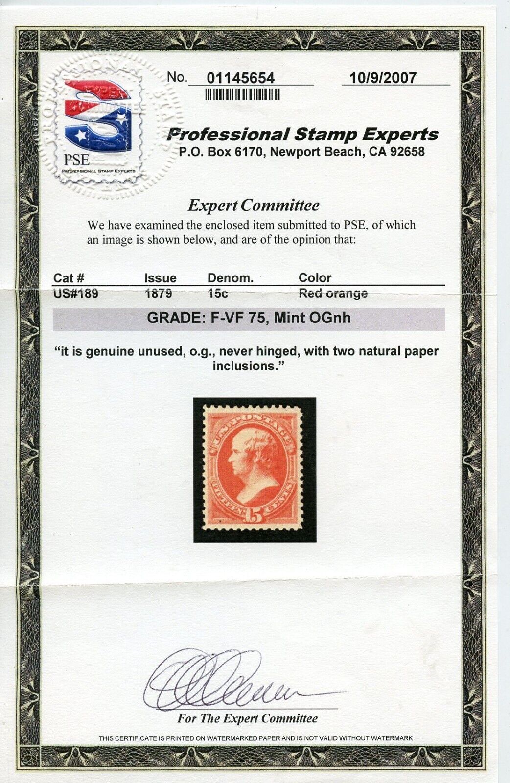United States Scott #189 1879 15c Banknote Issue Mint Never Hinged PSE ...
