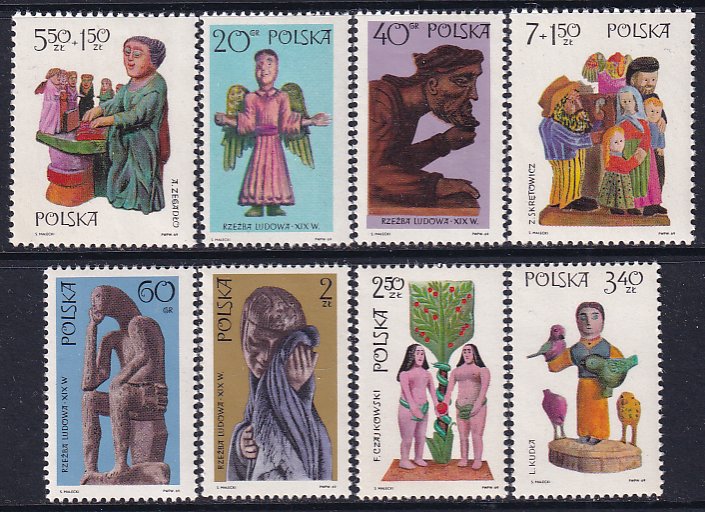 Poland 1969 Sc 1705-10, B118-9 Folk Art Sculptures Angel Adam Eve Stamp ...