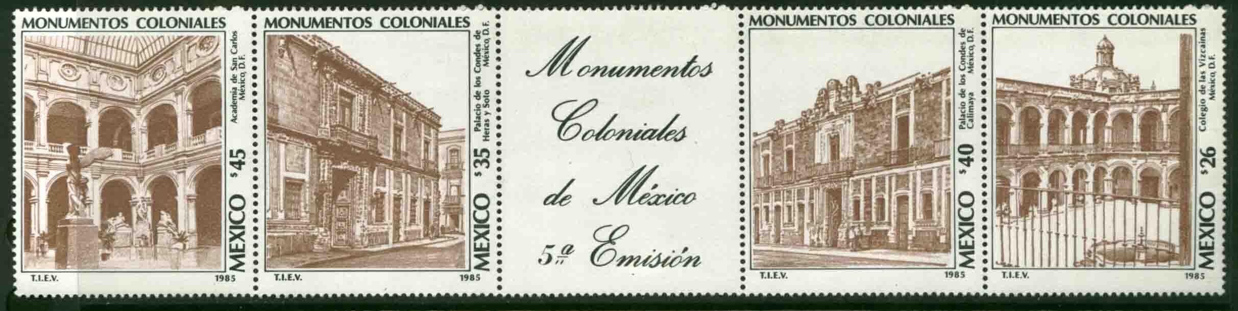 MEXICO 1430a, Colonial Monuments, STRIP OF 4 + LABEL. MINT, NH. VF ...
