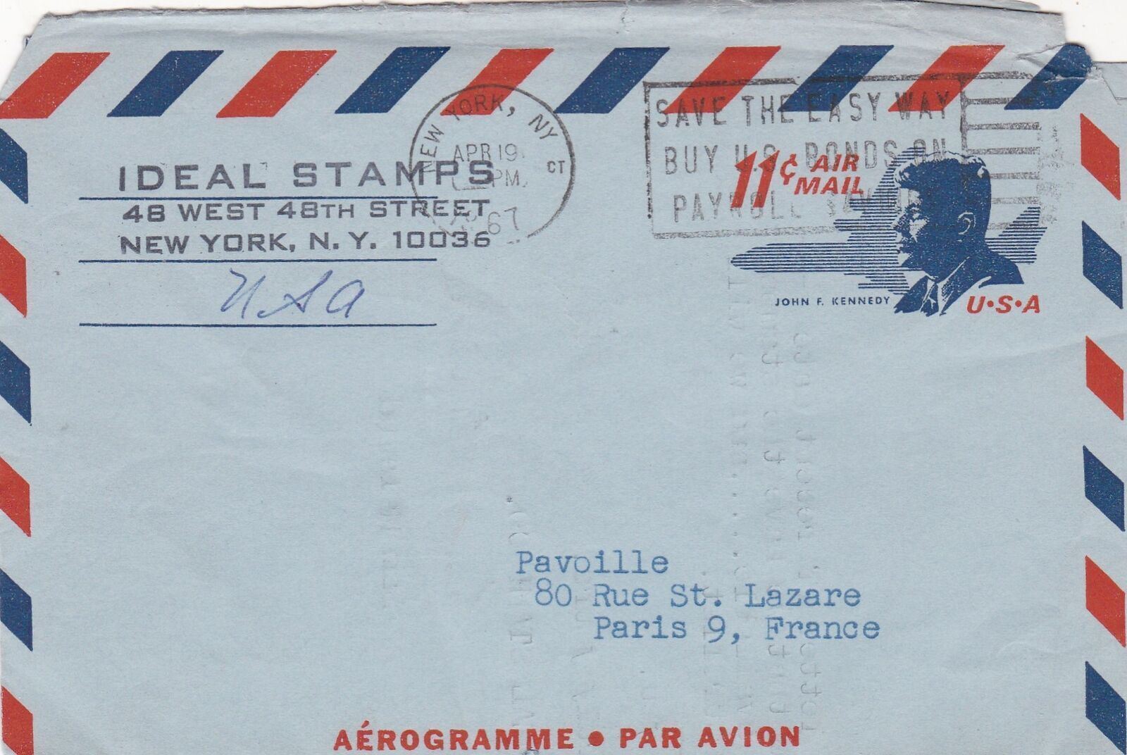 U.S. Airmail Ideal Stamps, New Yok 1967 Cancel Bonds Slogan Aerogramme ...