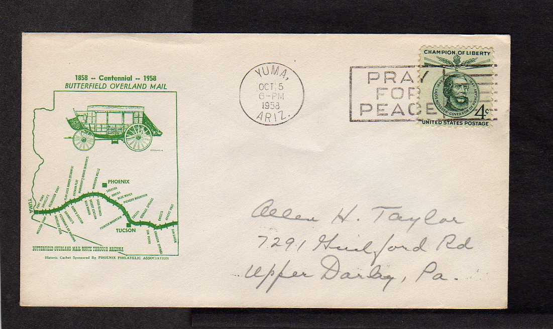 AZ Butterfield Overland Mail Route Stage Coach Yuma Arizona Stamp Cover ...