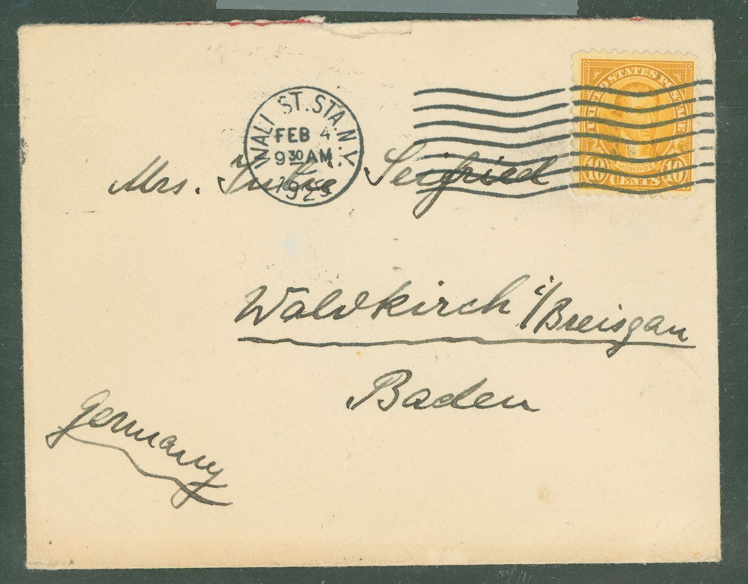 US 562 10c orange tied by New York supplementary mail to Germany ...