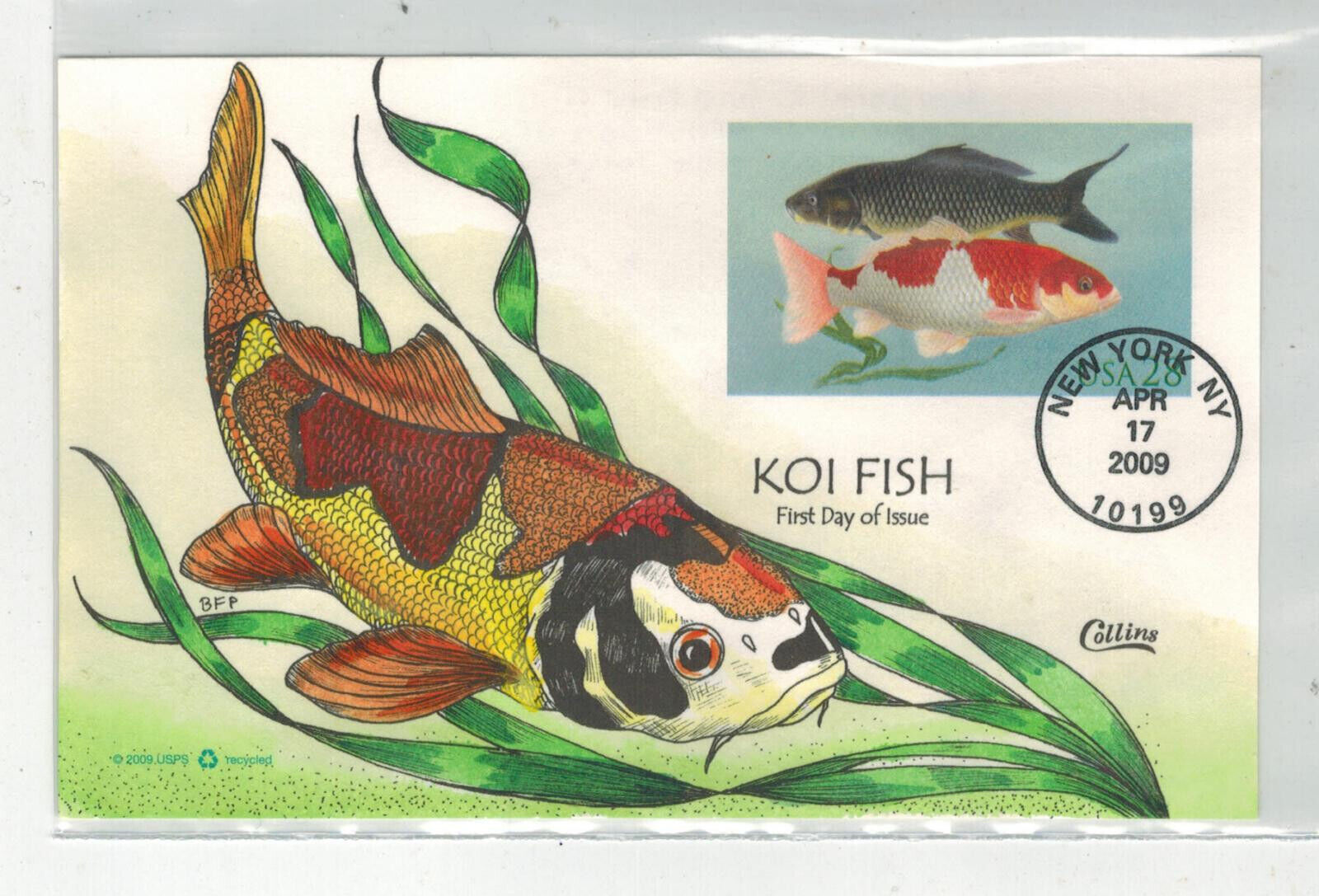 Collins Handpainted 2009 KOI Fish Postal Card Postcard Double Side ...