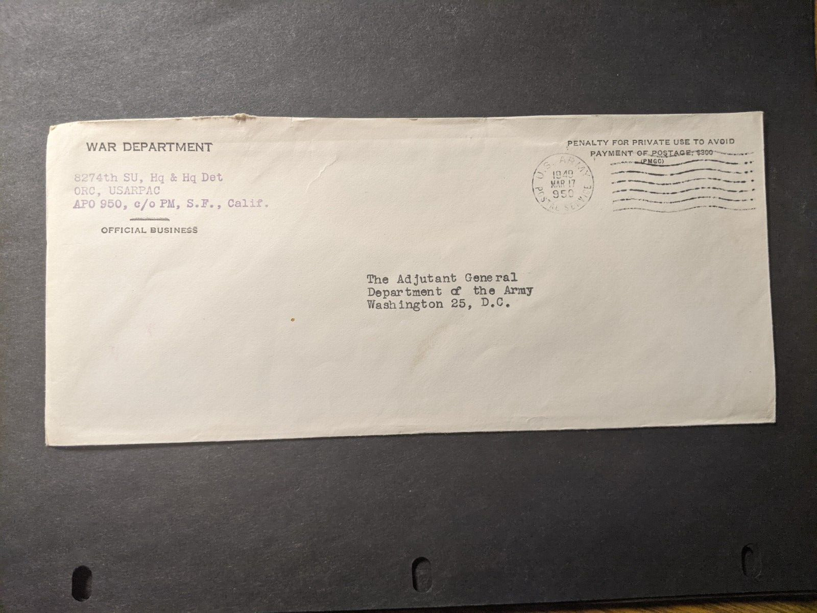 APO 950 FORT ARMSTRONG, HAWAII 1947 Official Army Cover 8274th SU ORC ...