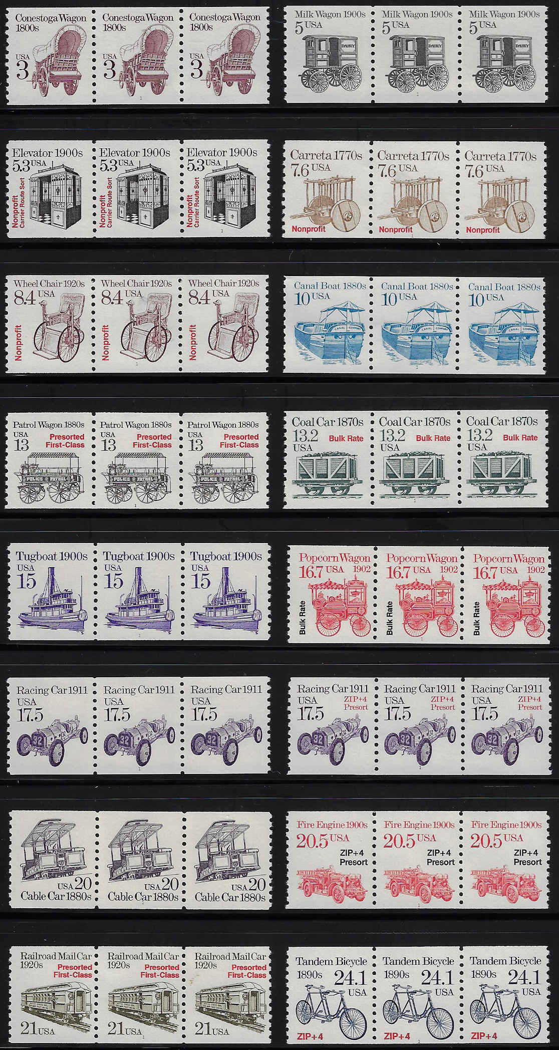 U.S. #2252-66 MNH; Set of 16 coil strips of 3 - Transportation Issue ...