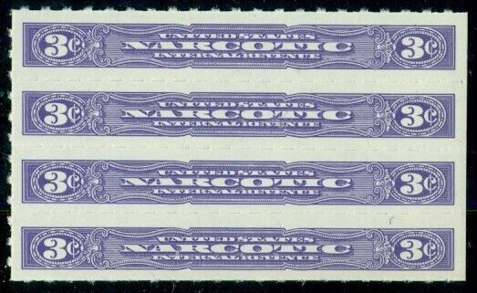 US #RJA78b, 3¢ Narcotic Tax, roul. 7, Block of 4, NH, Scott for hinged ...