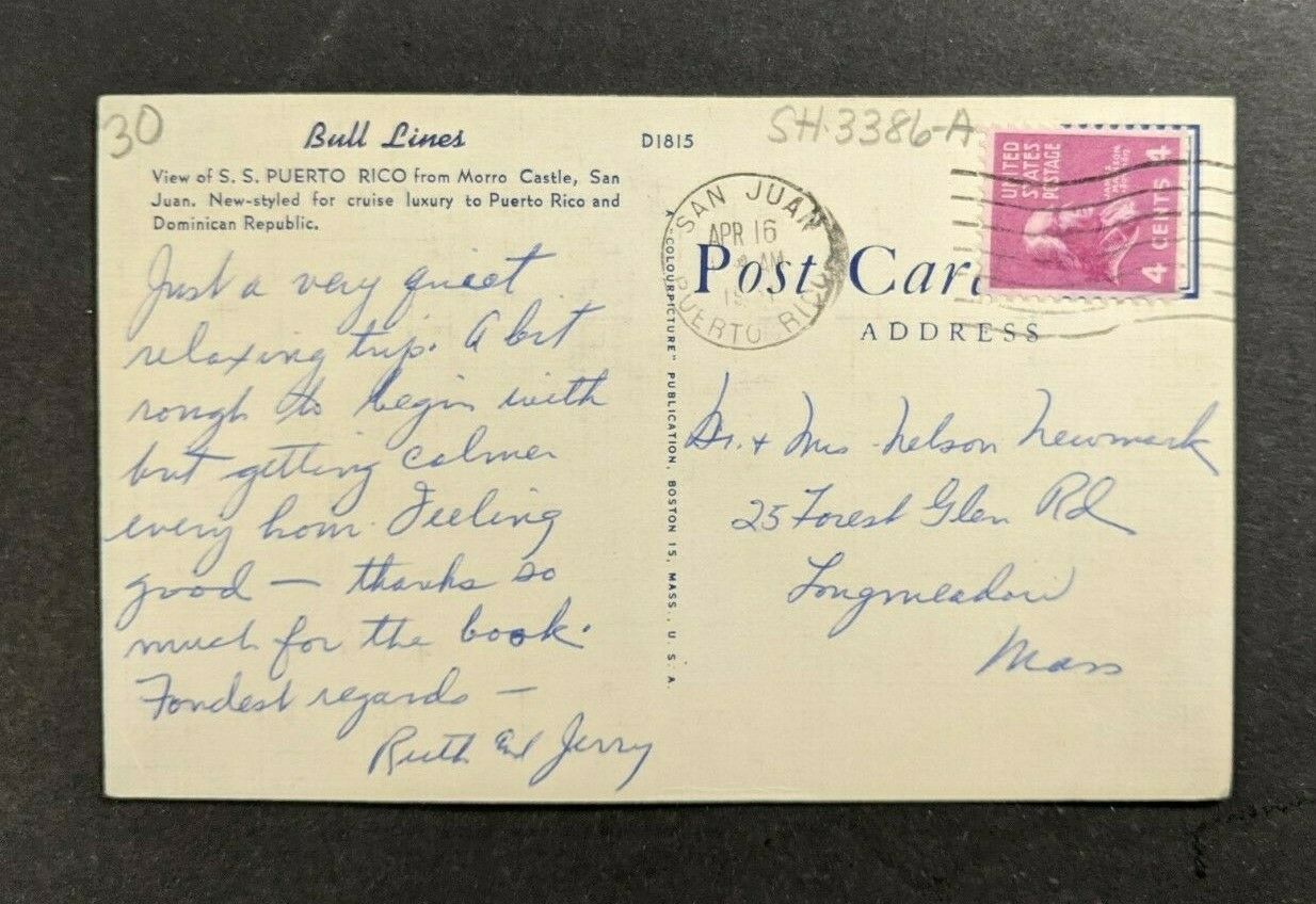 Vintage SS Puerto Rico Picture Postcard Cover San Juan PR to Longmeadow ...