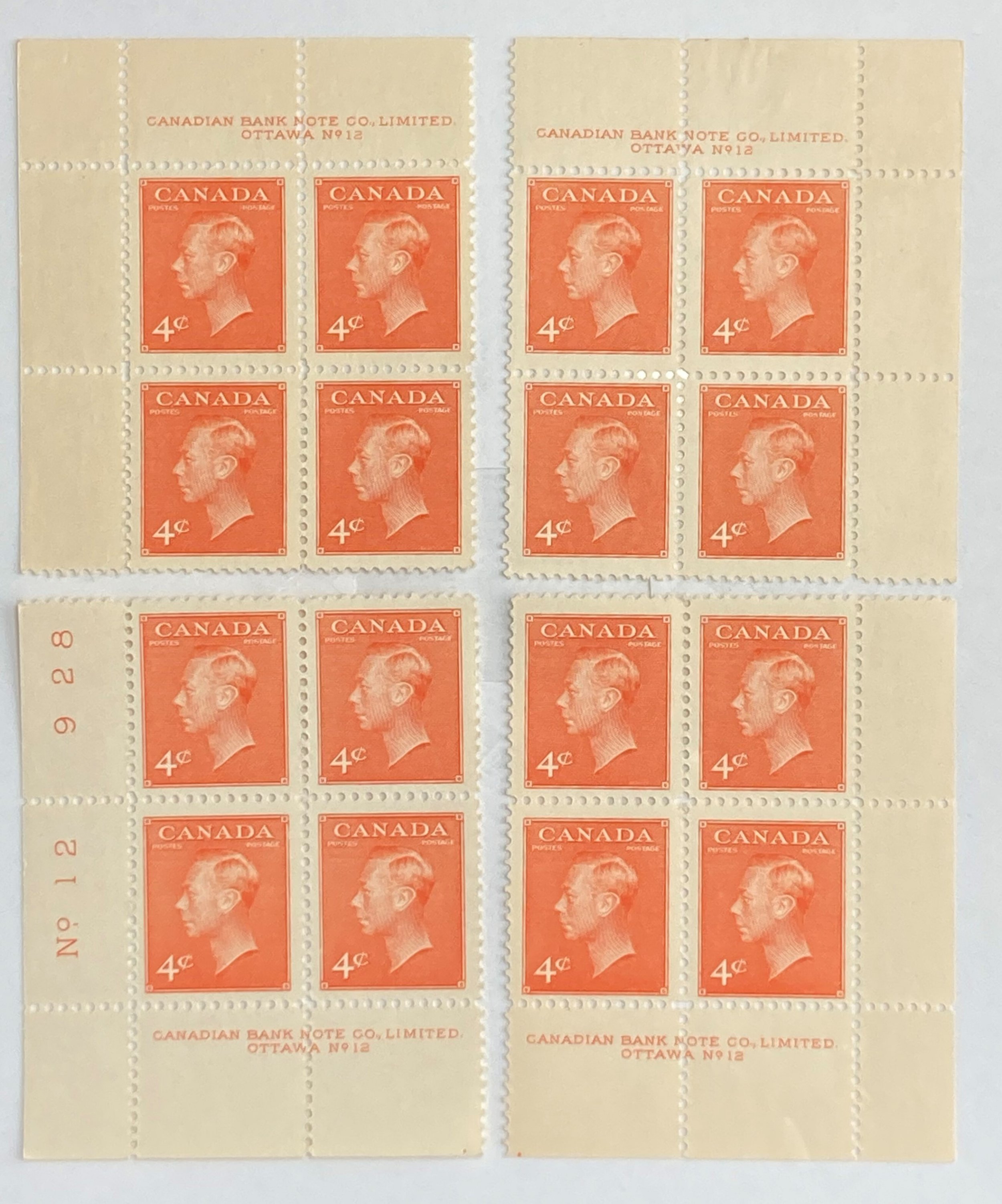 CANADA #306 GVI with "Postes-Postage" Set of 4 Plate Blocks (#12) MNH ...