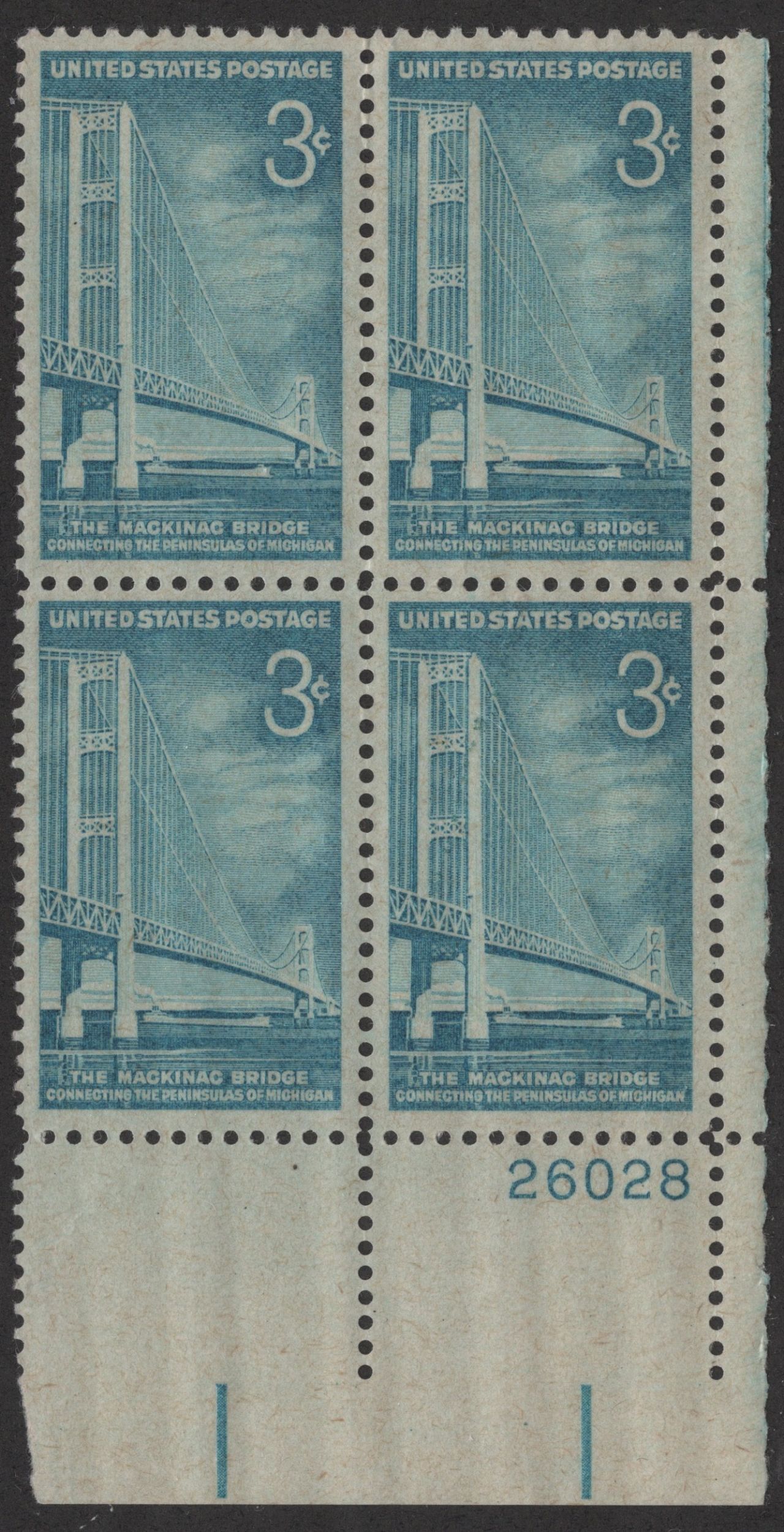 SC#1109 3¢ Mackinac Bridge Issue Plate Block: LR #26028 (1958) MNH ...