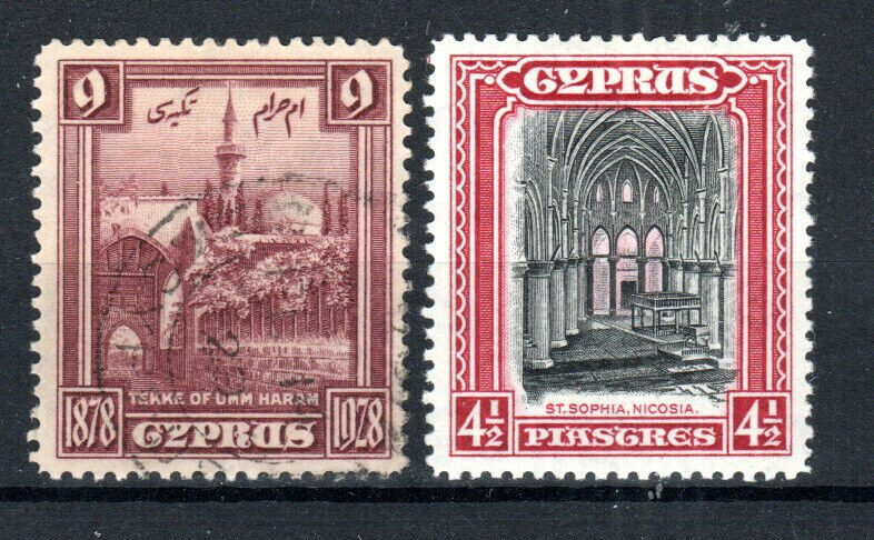 Cyprus 1938 9pi Anniv of British Rule and 1934 4 1/2pi SG 129 and 139 ...