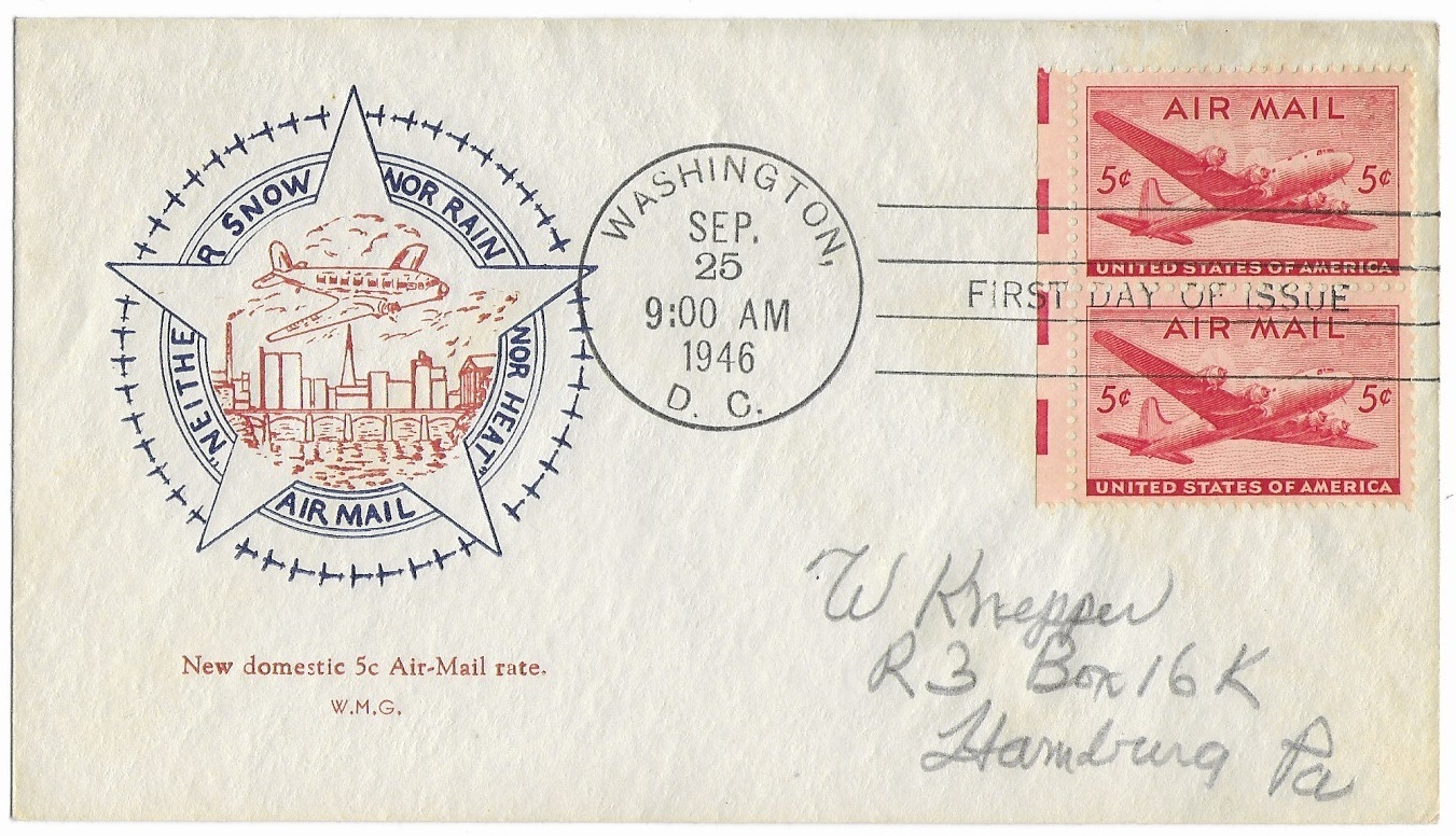 1946 Air Mail FDC, #C32, 5c DC-4, Grandy, vertical pair | United States ...