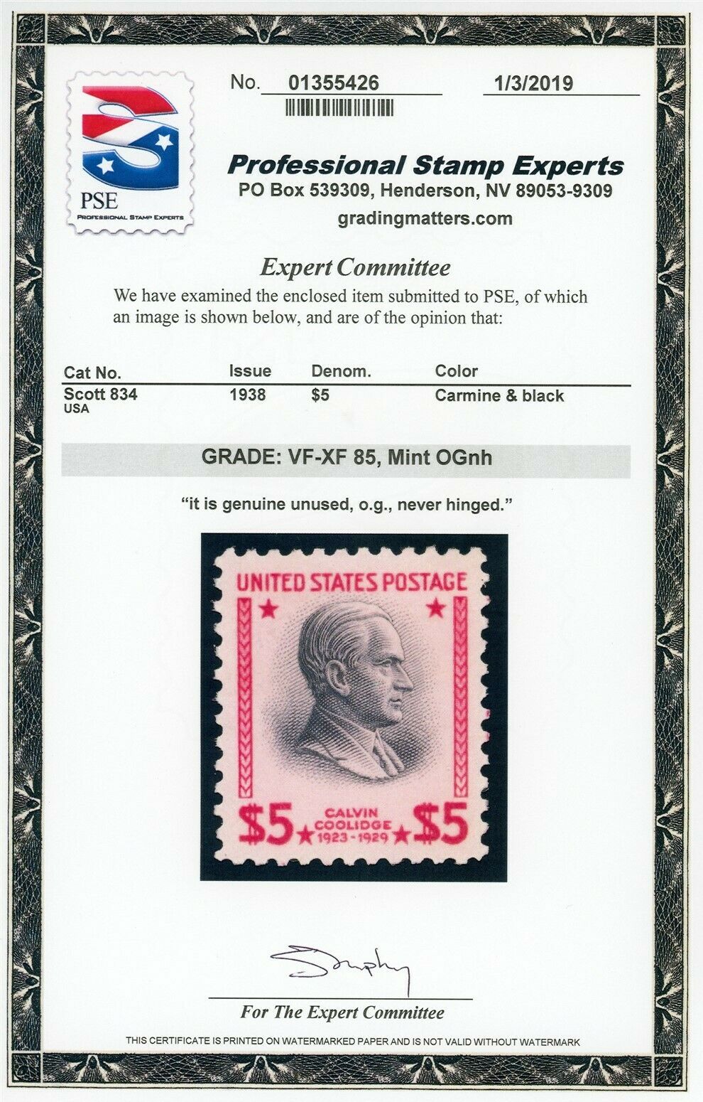 US Stamp #834 Calvin Coolidge $5.00 - PSE Cert VF-XF 85- Mint OGNH- SMQ ...