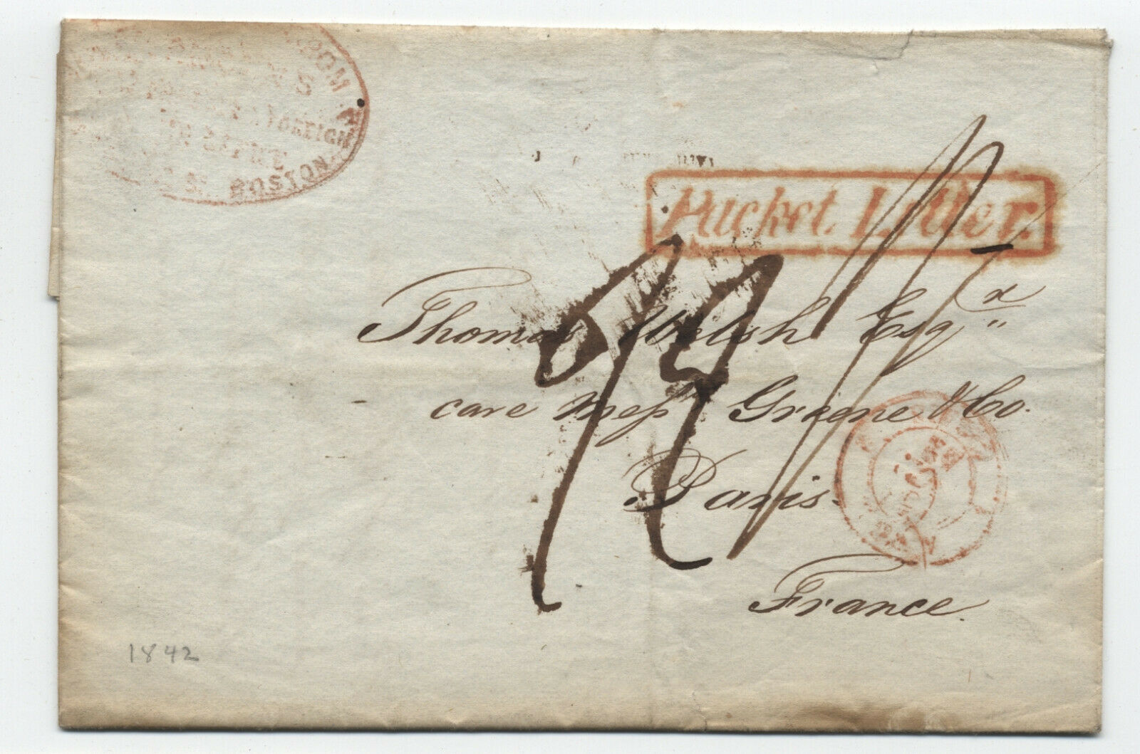 1842 Harden's stampless Boston to Paris "packet letter" boxed [H.1495 ...