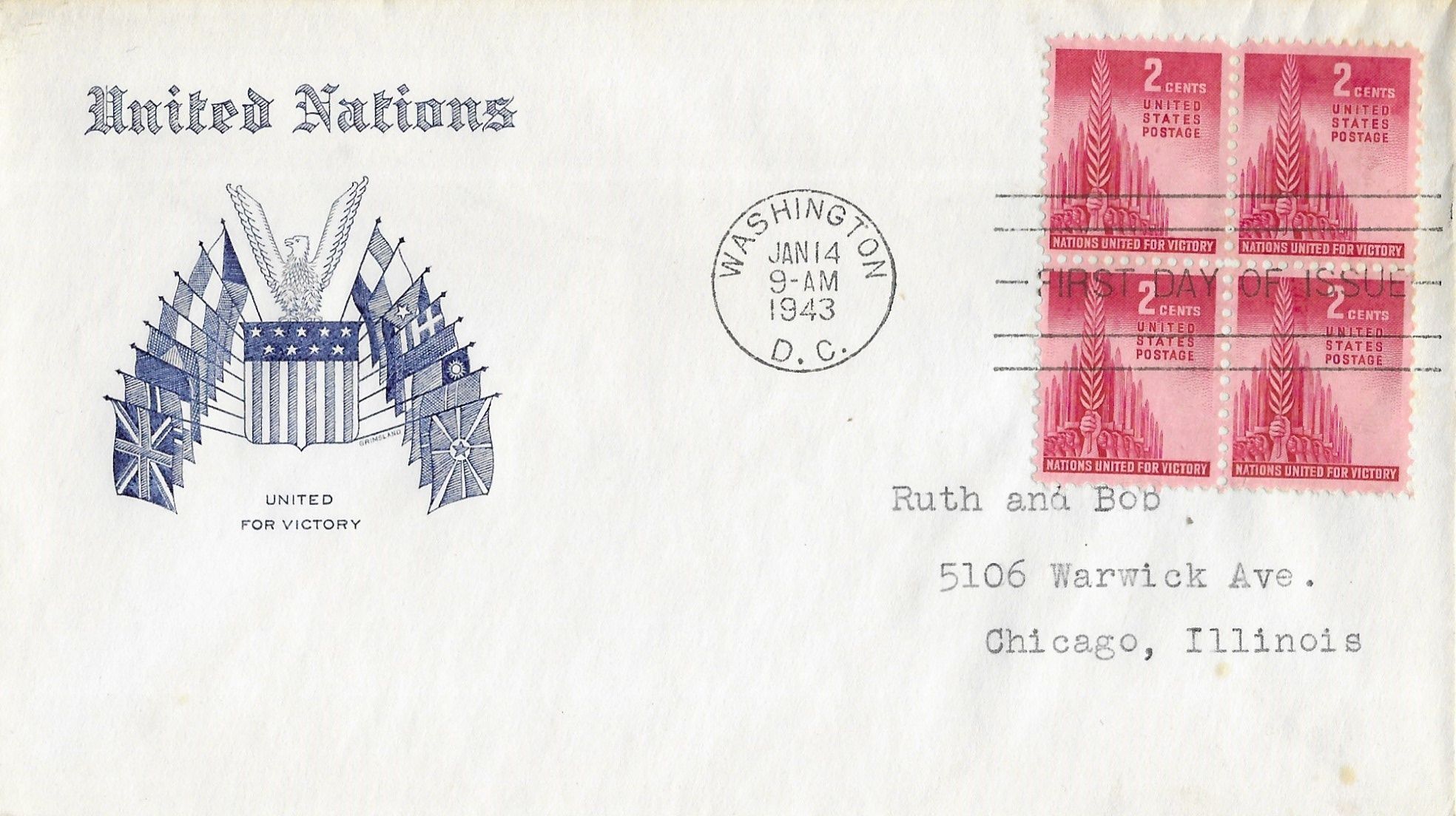 1943 FDC, #907, 2c Nations United, Grimsland, block of 4 | United ...