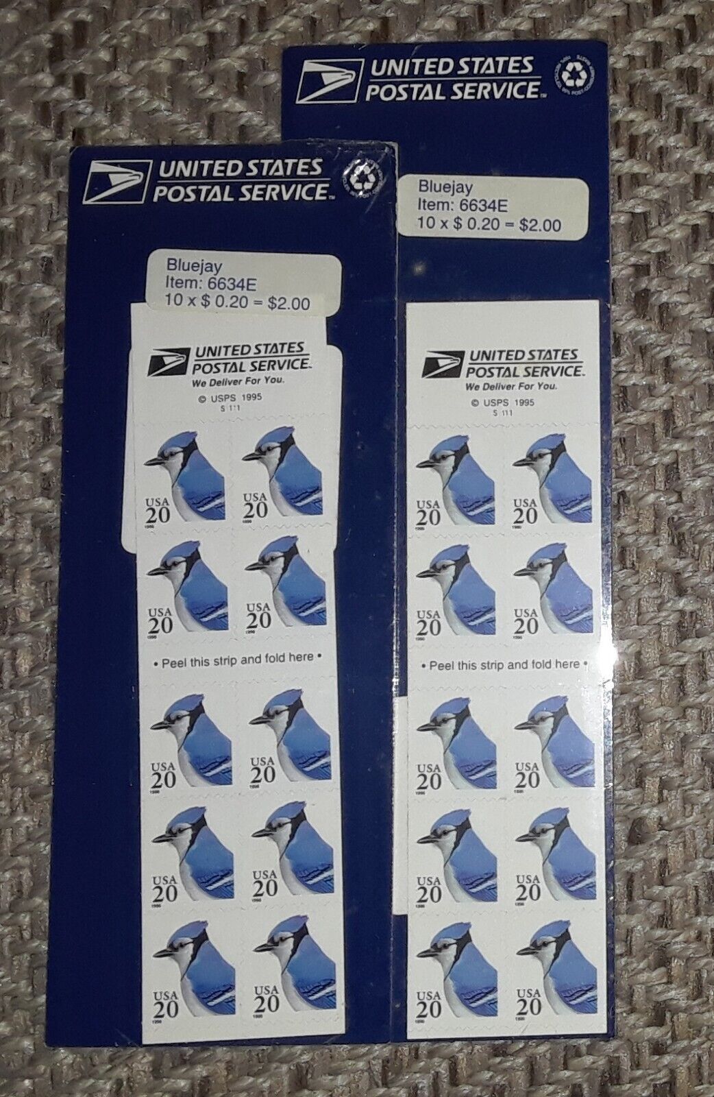 TWO (2) Booklets of 10 = 20 of BLUE JAY Bird 20¢ US Postage Stamps USA ...