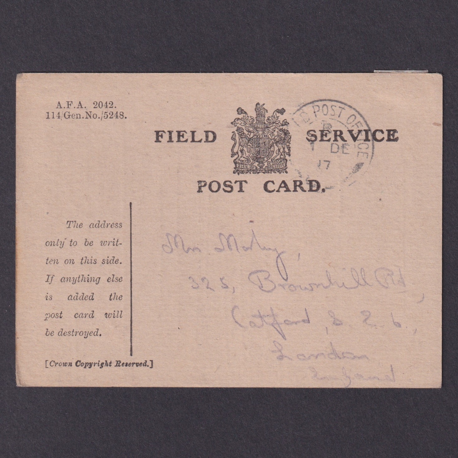 GREAT BRITAIN 1917, Fieldpost card to London England WWI | Great ...