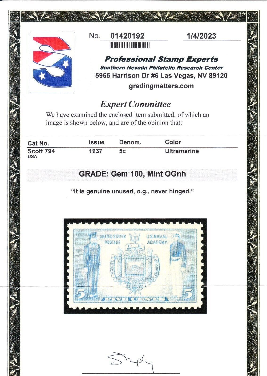 MOstamps- US #794 Mint OG NH Grade 100 with PSE Cert - Lot # MO-3919 ...