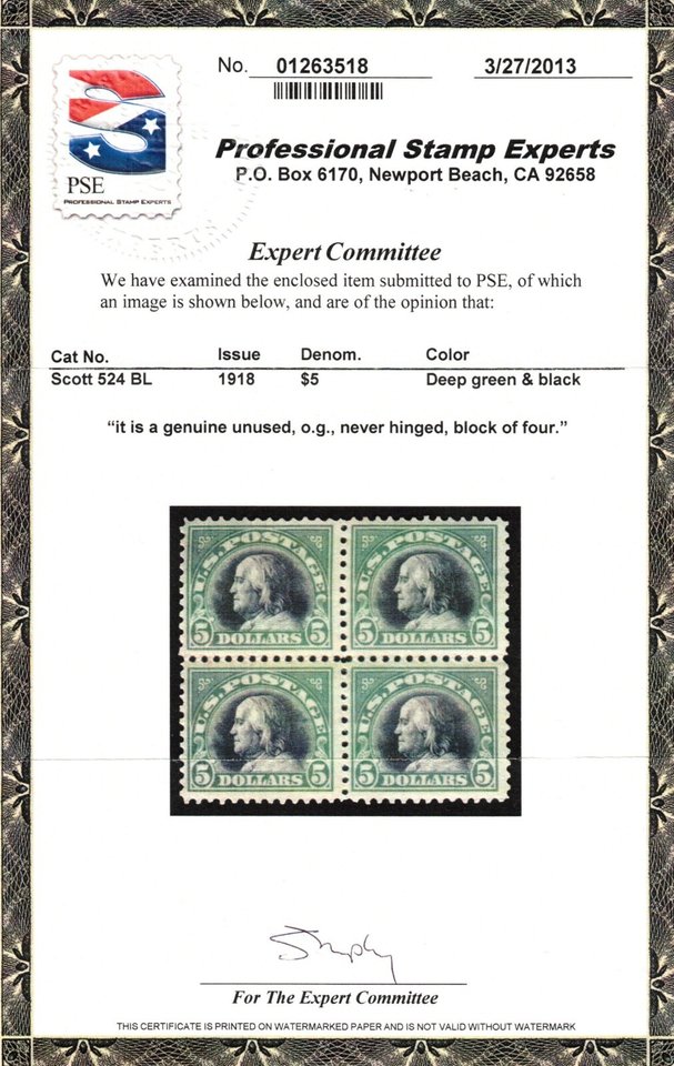 USA #524 Very Fine Never Hinged Block **With Certificate** | United ...