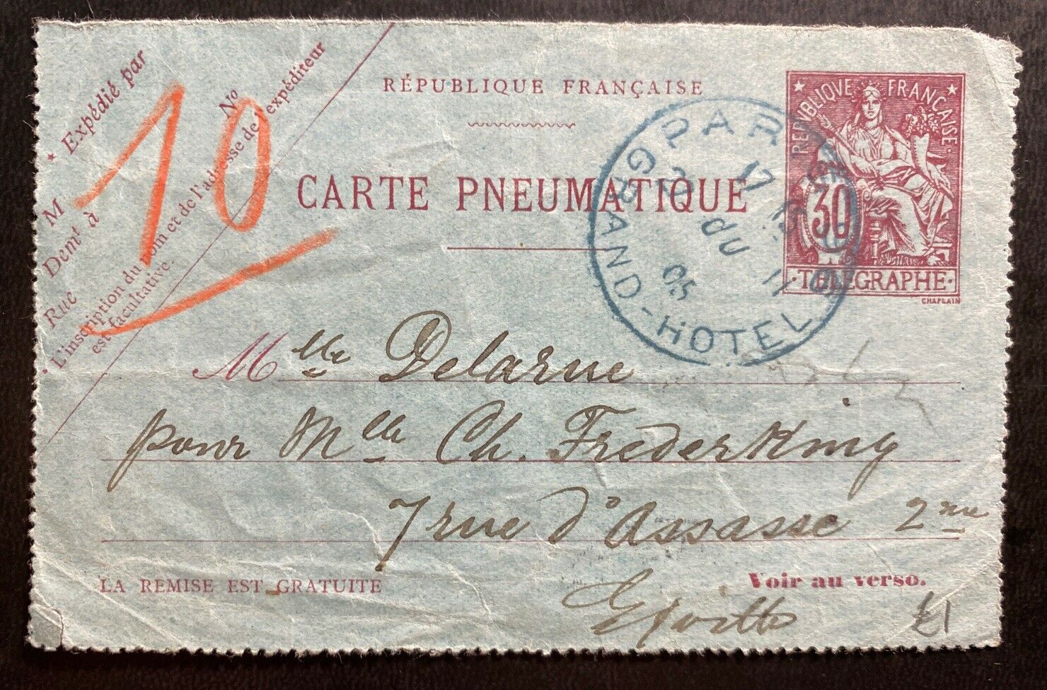 1905 Paris France Pneumatic Mail Postal stationery postcard Cover ...