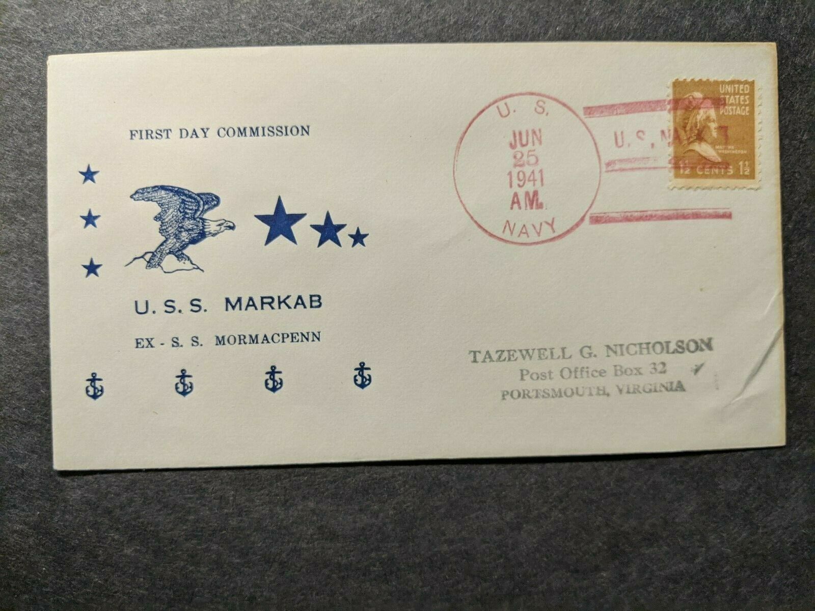 USS MARKAB AD-21 Naval Cover 1941 COMMISSIONED Cachet ex MORMACPENN ...