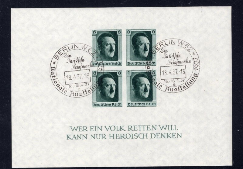 Germany 3rd Reich 1937 Hitler Imperforated Miniature Sheet B103 Superb ...