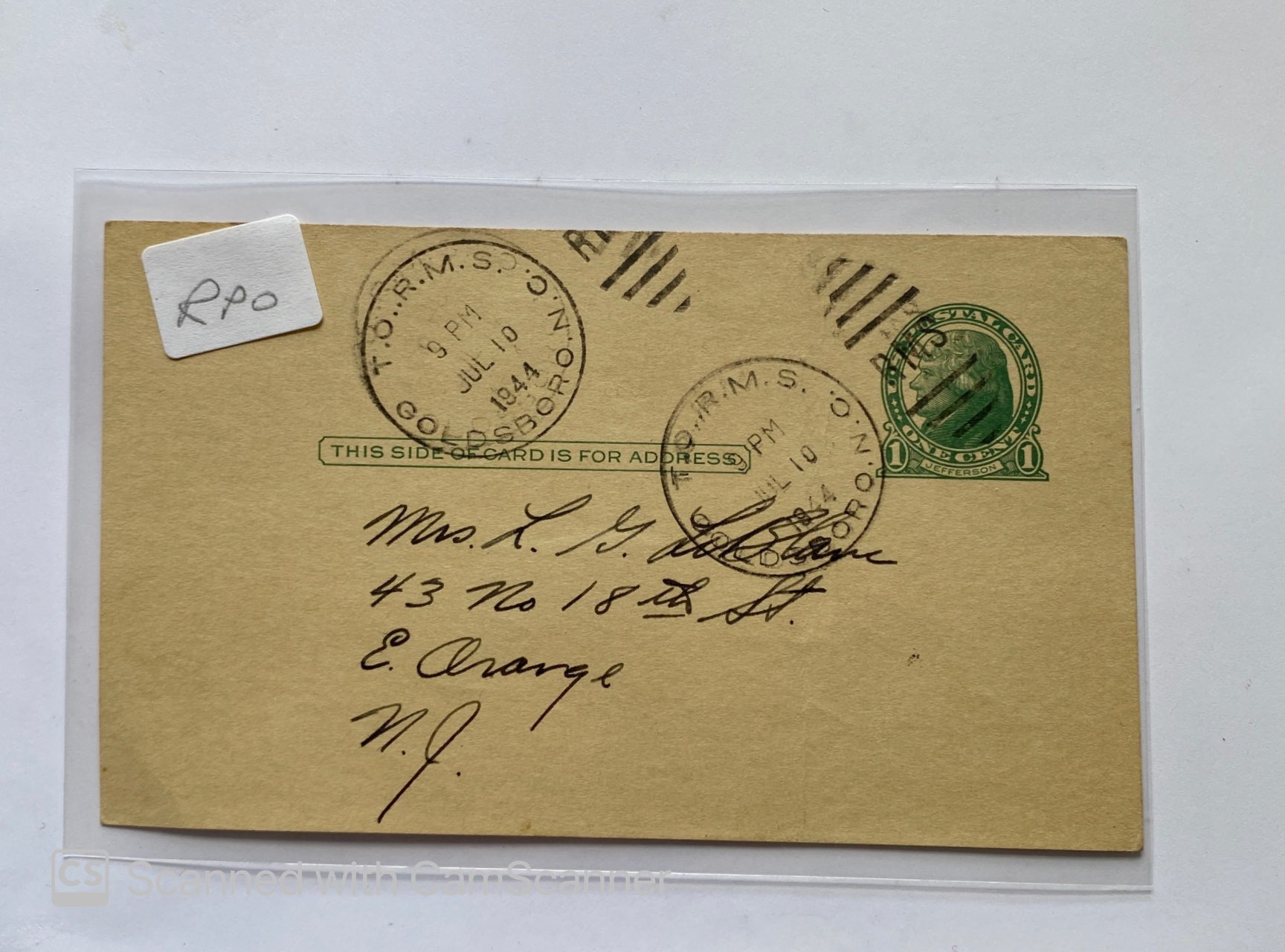 US Postal Card Postmark R.P.O. to R.M.S. Goldsboro , N.C. 1944, RMS ...