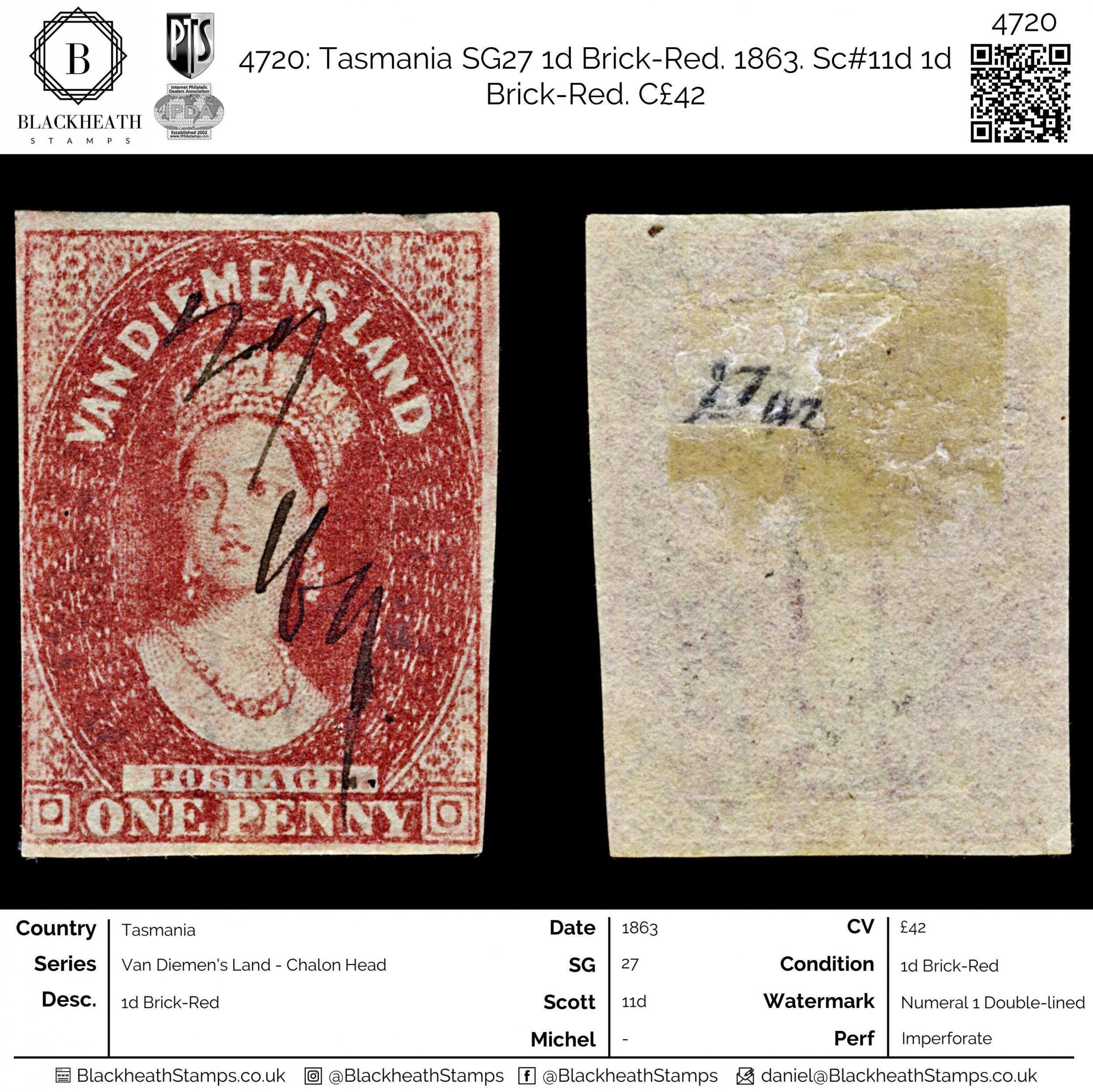 4720: Tasmania SG27 1d Brick-Red. 1863. Sc#11d 1d Brick-Red. C£42 | Australia & Oceania ...