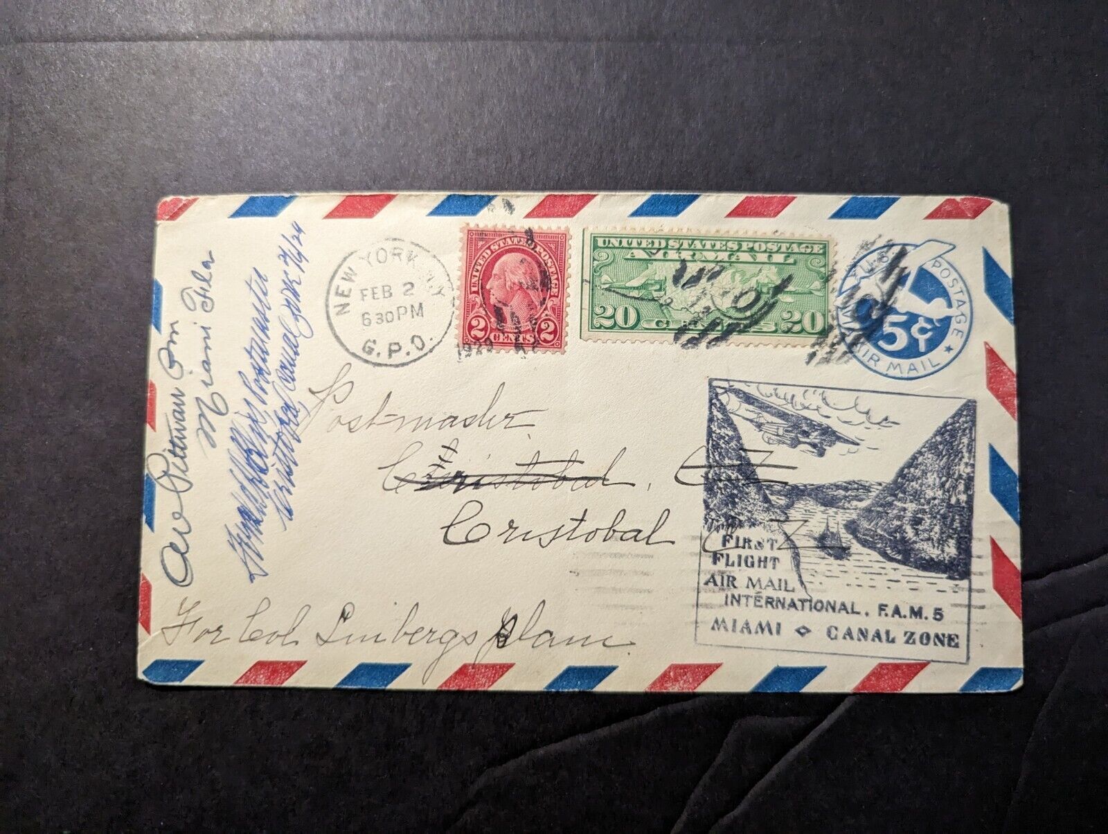1929 USA Cover New York NY to Cristobal Canal Zone FAM 5 FFC Charles ...