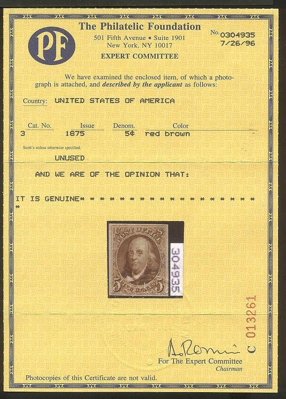 U.S. #3 CHOICE XF Unused w/ Cert - 1875 5c Red Brown, REPRINT | United ...