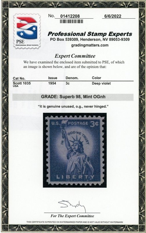 US Stamp #1035 Statue of Liberty 3c - PSE CERT - SUPERB 98 - MNH - SMQ ...
