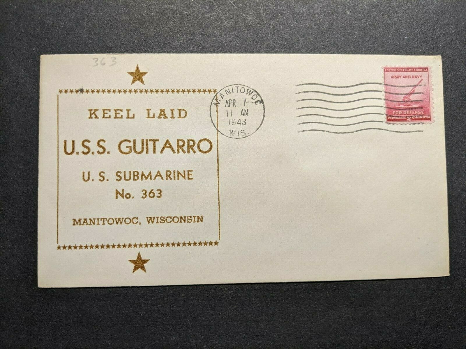 Submarine USS GUITARRO SS-363 Naval Cover 1943 WWII KEEL LAID Cachet ...