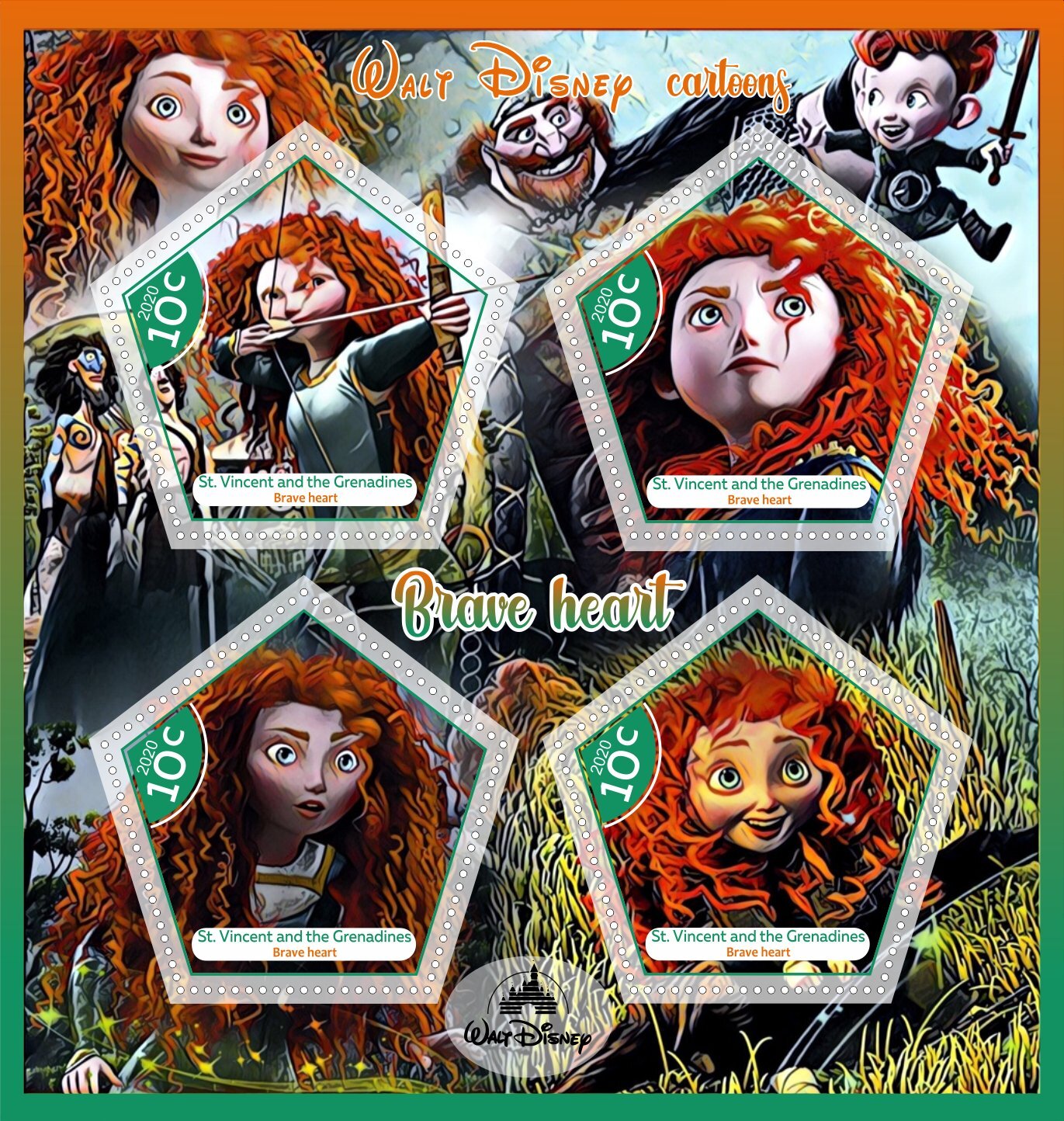 Stamps. Cartoons, Disney, Brave Heart 2020 year 1+1 sheets perforated ...