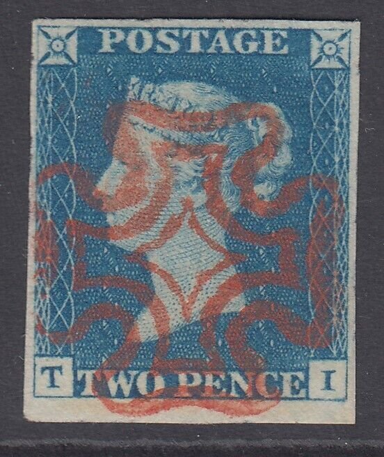 SG 5 1840 2d blue plate 1 lettered TI. Superb used with a full upright ...