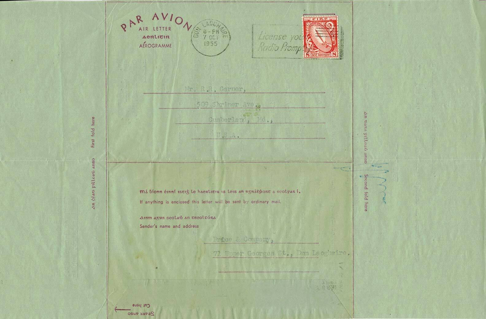 Ireland 8d Sword of Light Formular Air Letter Jung AF4a 1955 Dun ...