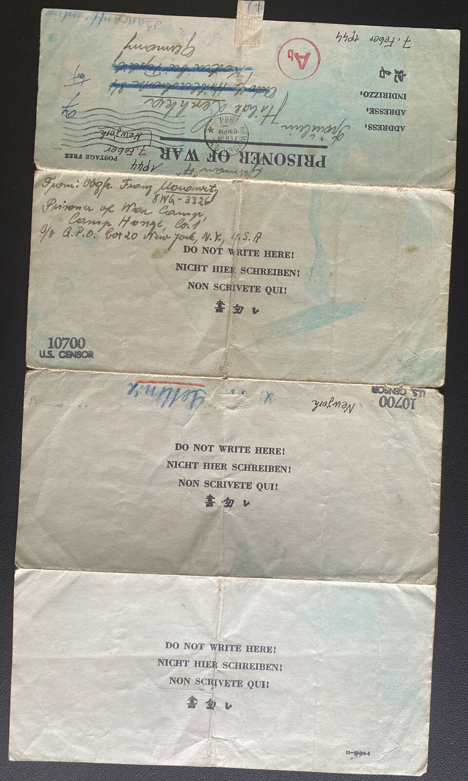 1944 Usa Prisoner Of War POW Honge Camp Letter Cover To Teplitz Germany ...