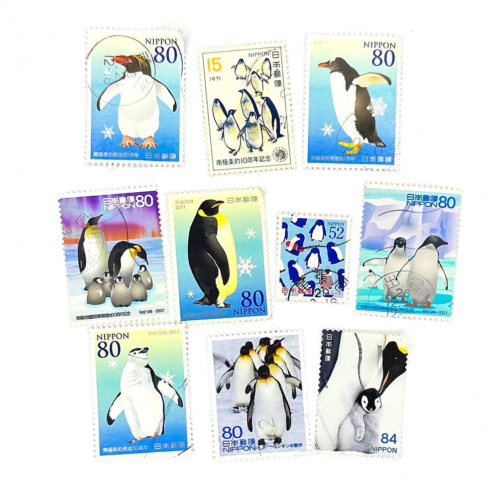 10 x Penguin postage stamps, all different, Penguins Japan off paper ...