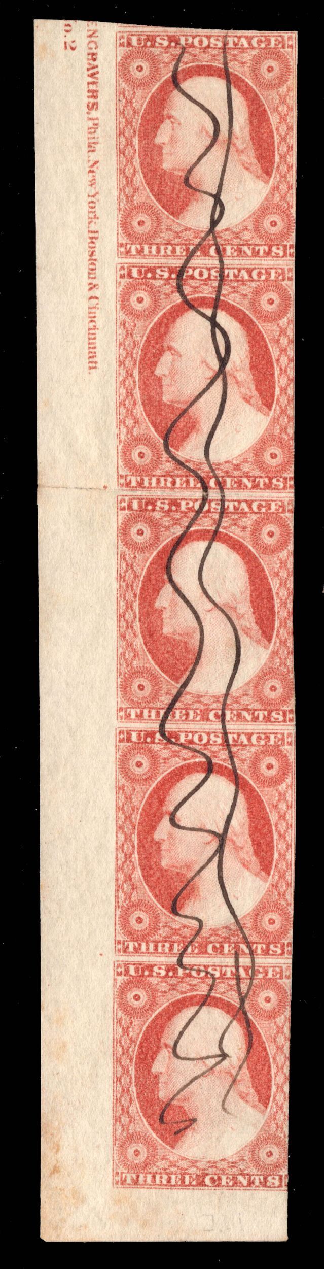 US # 11a Imperf Imprint Plate Number 2 Strip of 5 Used Rare EST $500 ...