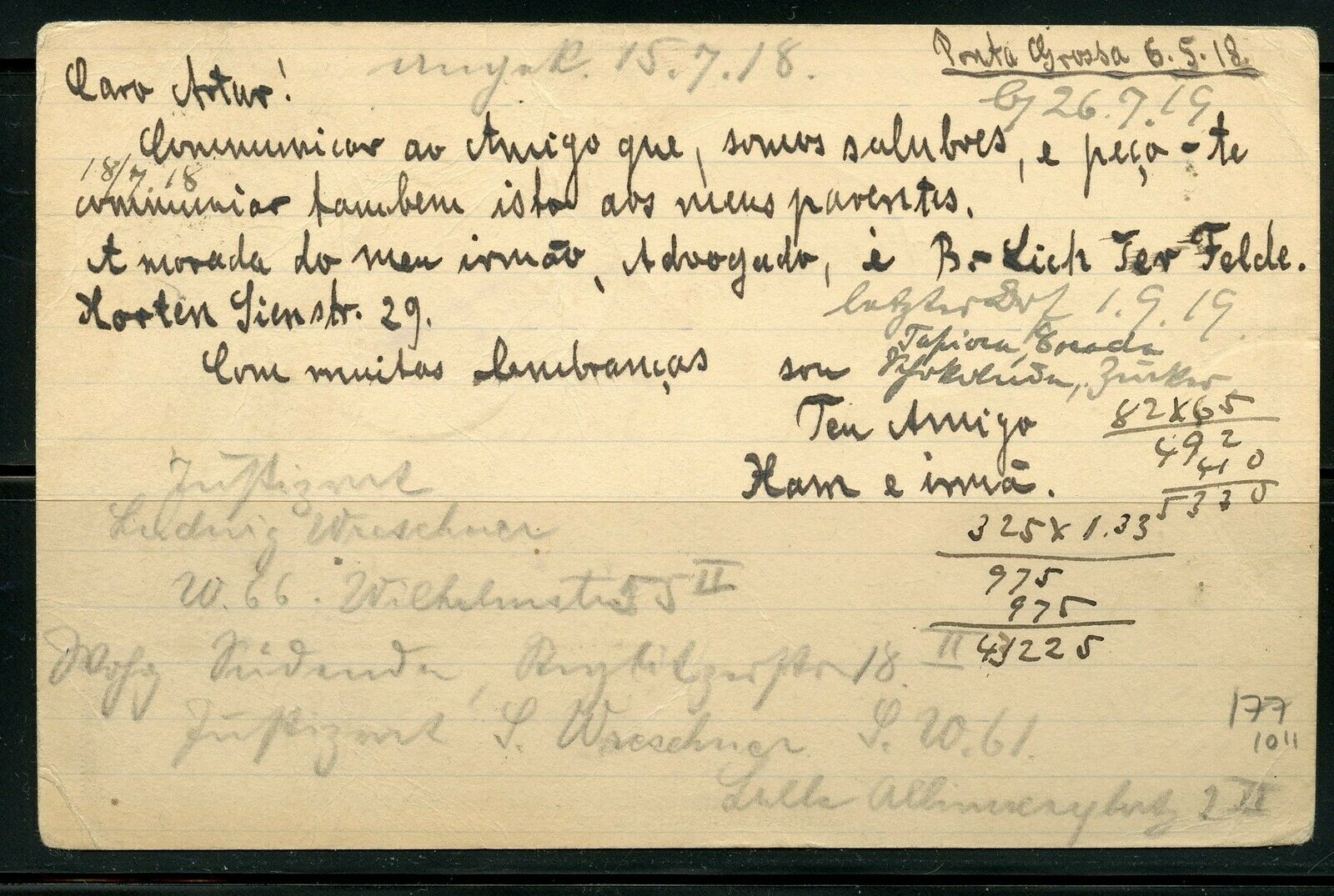 Brazil Rhm# Bp-68 PSC Ponta Grosa, 5/6/1918 PSC to Lebnitz Readdressed ...