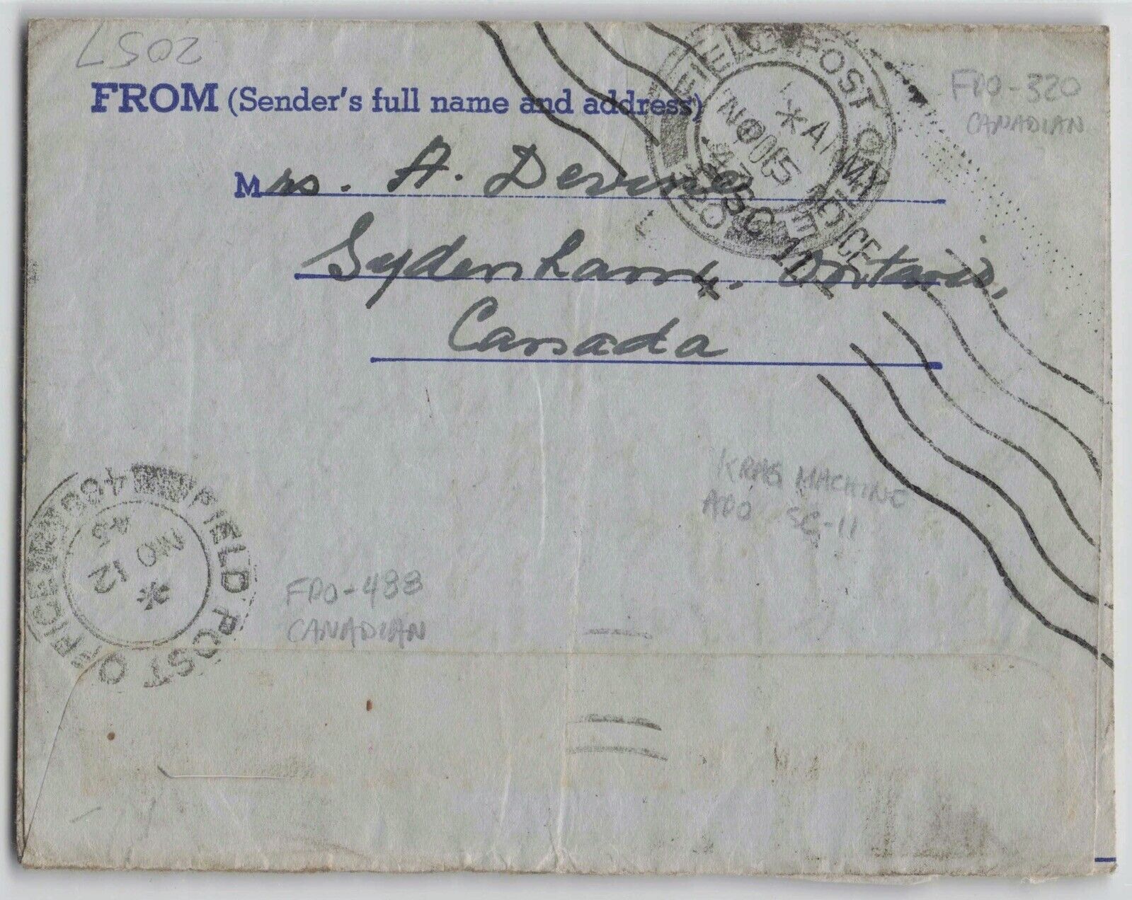 Canada 1943 WWII Military Air Letter Sydenham to CFC Forestry Corps ...