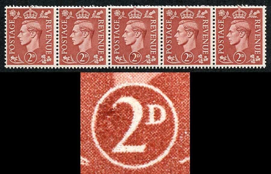 KGVI 2d Pale Red Brown SG506 Spec Q12/2f U/M Strip 5 Variety Retouched ...