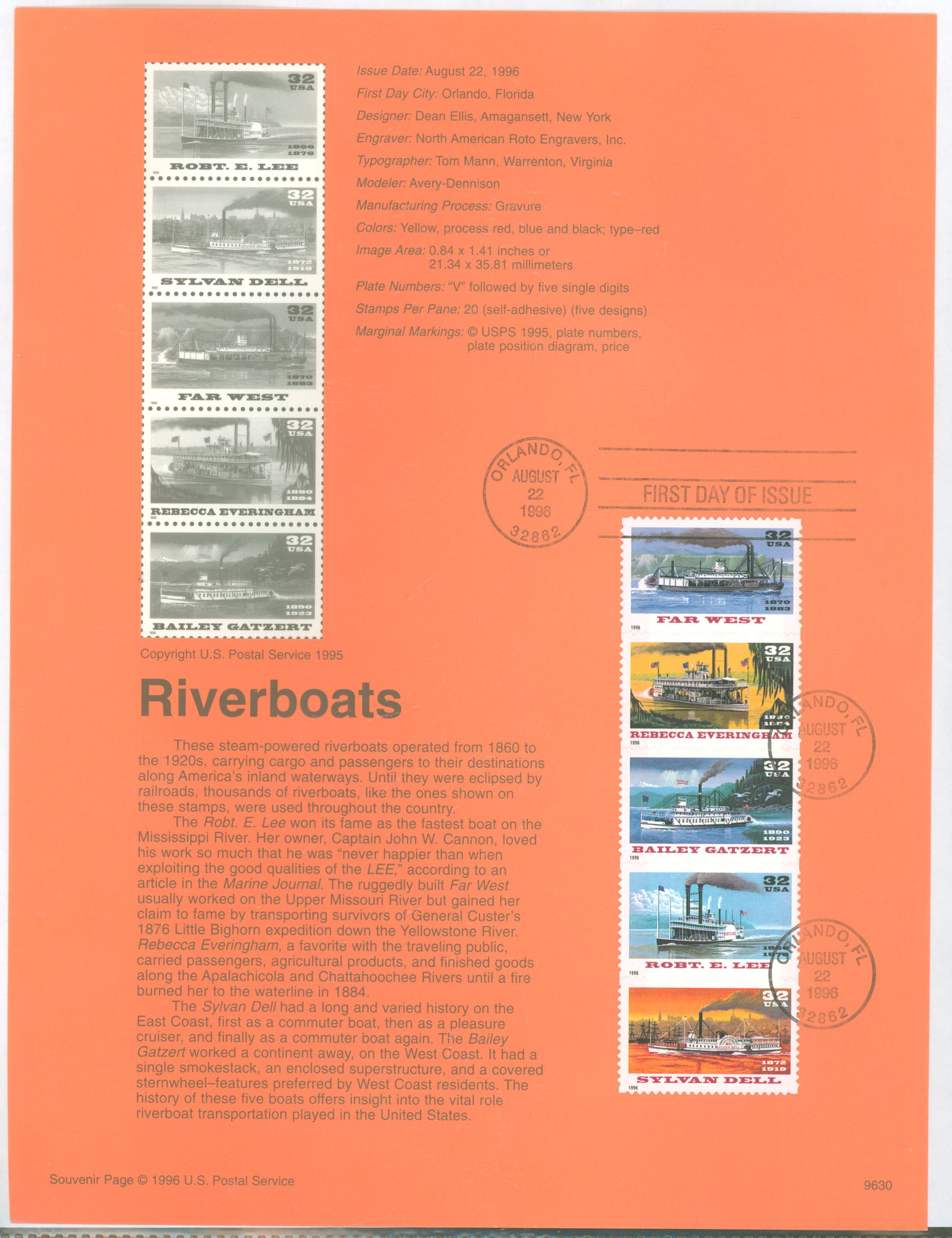 US SP1215/3095a 1996 American River Boats pane of five on USPS souvenir ...