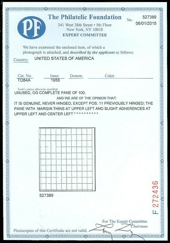 US SCOTT #TD84a BLANK TEST STAMPS, Sheet of 100! Sm Flts, SCV $1250 ...