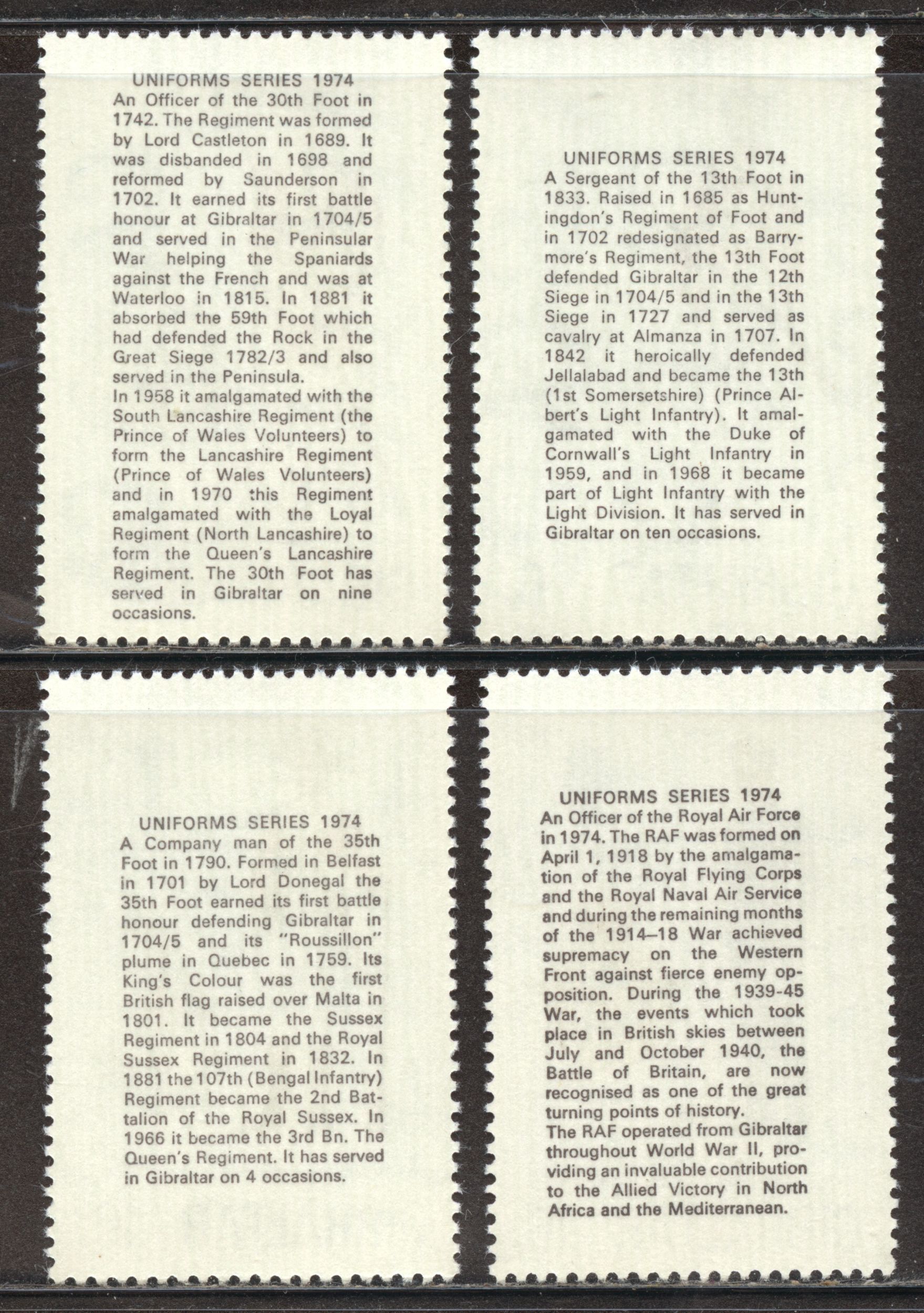 Gibraltar Scott 310-13 MNHOG - 1974 Military Uniforms Issue - SCV $5.60 ...