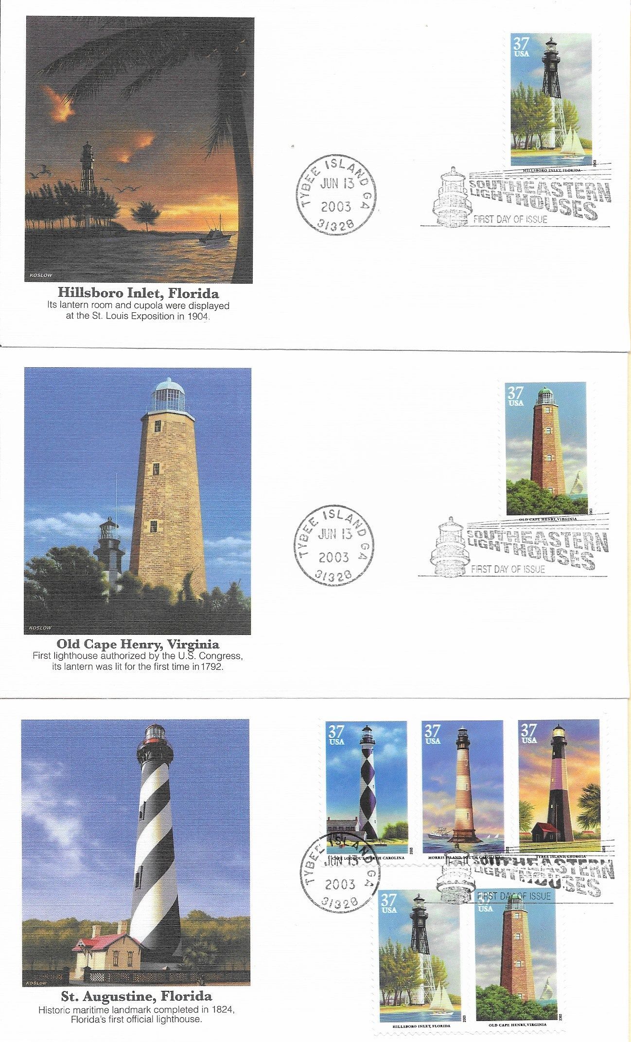 2003 FDC, #3784-3789, 37c Southeastern Lighthouses, Fleetwood (6 ...