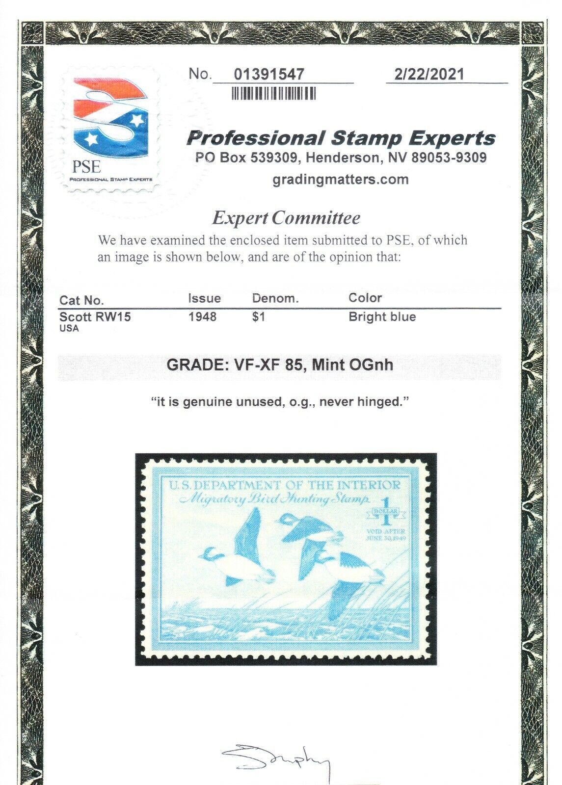 MOstamps - US #RW15 Mint OG NH Grade 85 with PSE Cert - Lot # MO-2799 ...