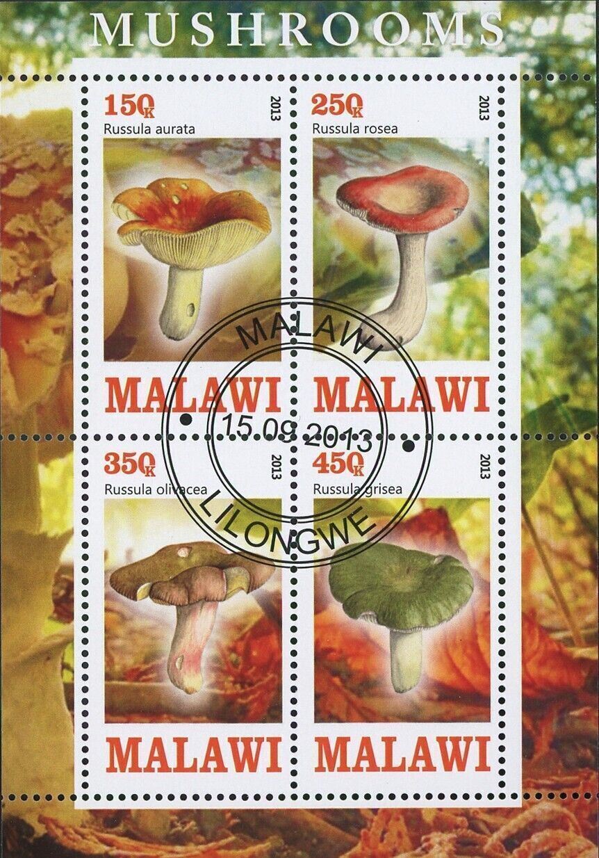 Malawi Mushroom Russula Aurata Fungus Souvenir Sheet of 4 Stamps ...