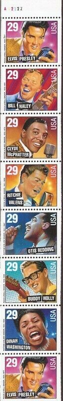 US Stamp 1993 29c Rock Stars Elvis Otis, Buddy Holly 8 Stamp Plate ...