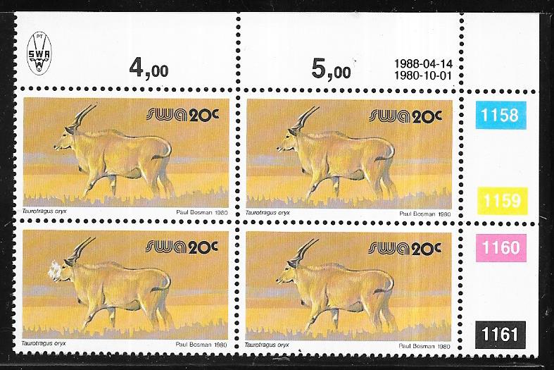 SWA - #458 20c "Oryx" margin block of 4 (MNH)* CV2.05 | Africa - South ...